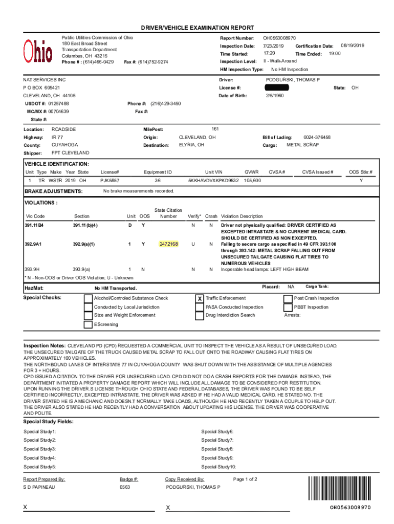 Fillable Online dis.puc.state.oh.usViewImageDRIVER/VEHICLE EXAMINATION ...