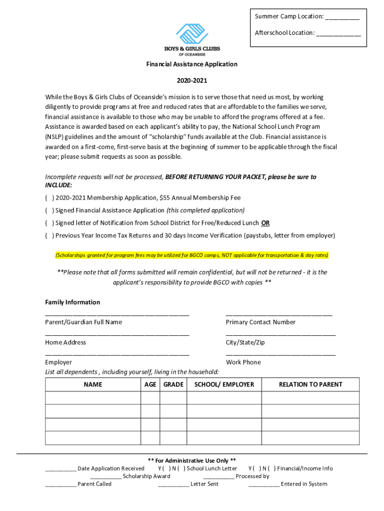 Fillable Online Financial Assistance Application 2020-2021 - bgcoceanside.org Fax Email Print ...