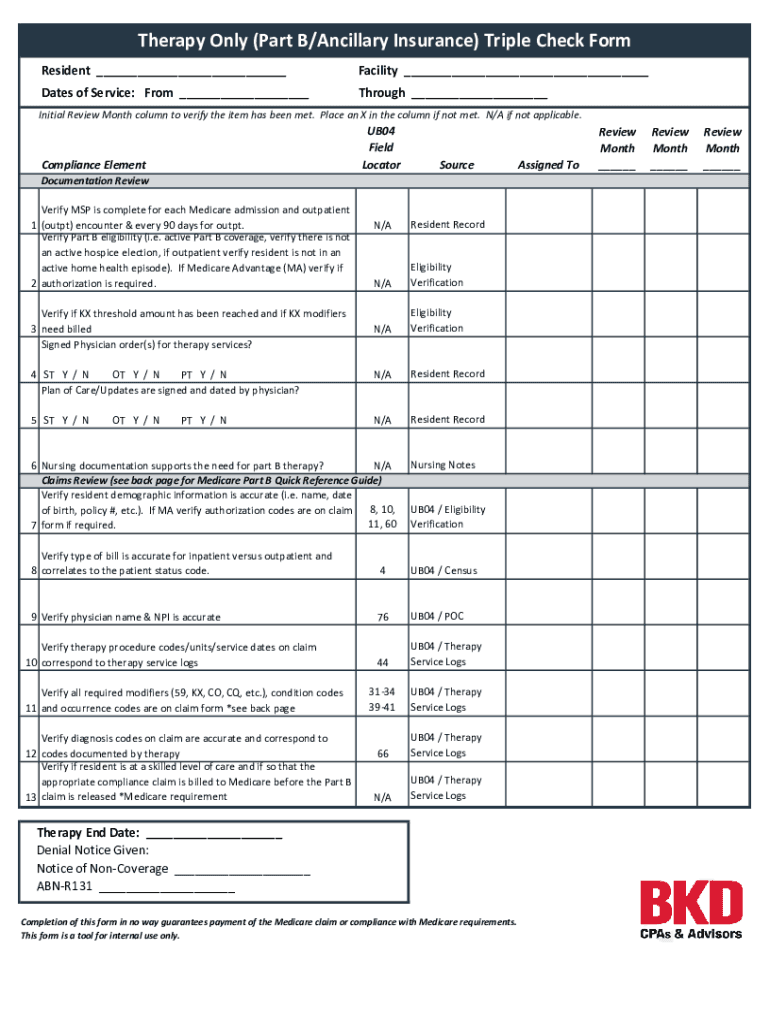 Fillable Online Therapy Only (Part B/Ancillary Insurance) Triple Check ...