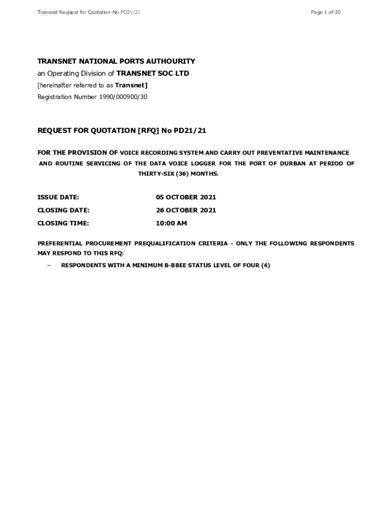 Fillable Online TRANSNET NATIONAL PORTS AUTHORITYTransnet Tenders ...
