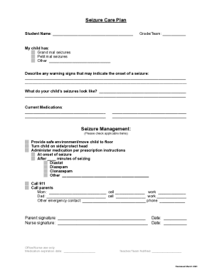 Fillable Online SEIZURE CARE PLAN (PDF) Fax Email Print - pdfFiller