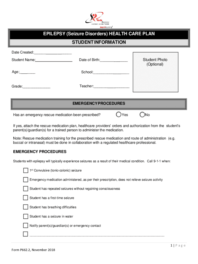 Fillable Online www.yrdsb.caschoolssharonEPILEPSY (Seizure Disorders ...