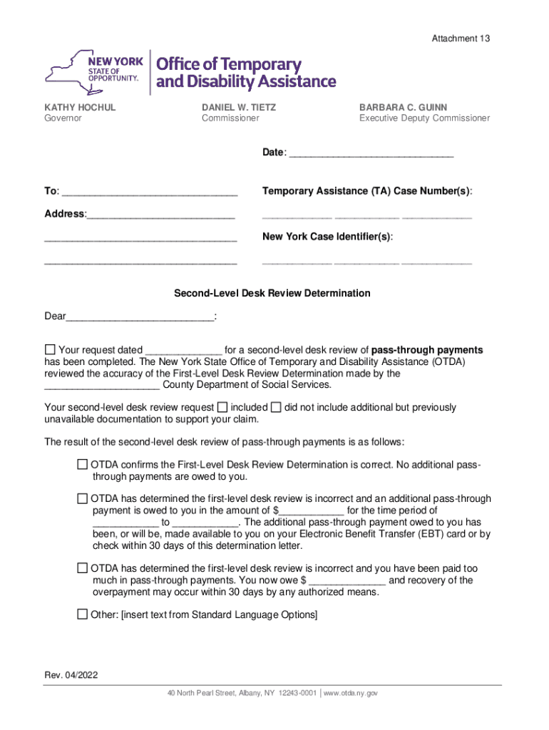 Fillable Online otda ny 22-ADM-05 - Attachment 13 - Second-level Determination Letter. Second ...