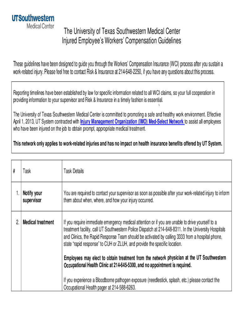 Fillable Online UT Southwestern Medical Center Injured Employee's ...