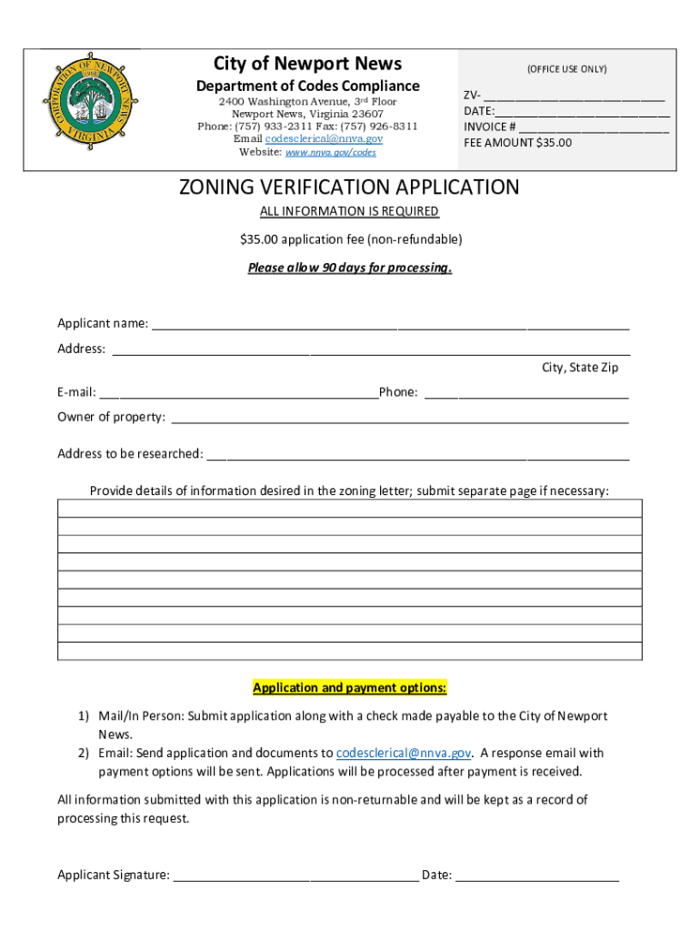 Fillable Online ZONING VERIFICATION APPLICATION Fax Email Print - pdfFiller