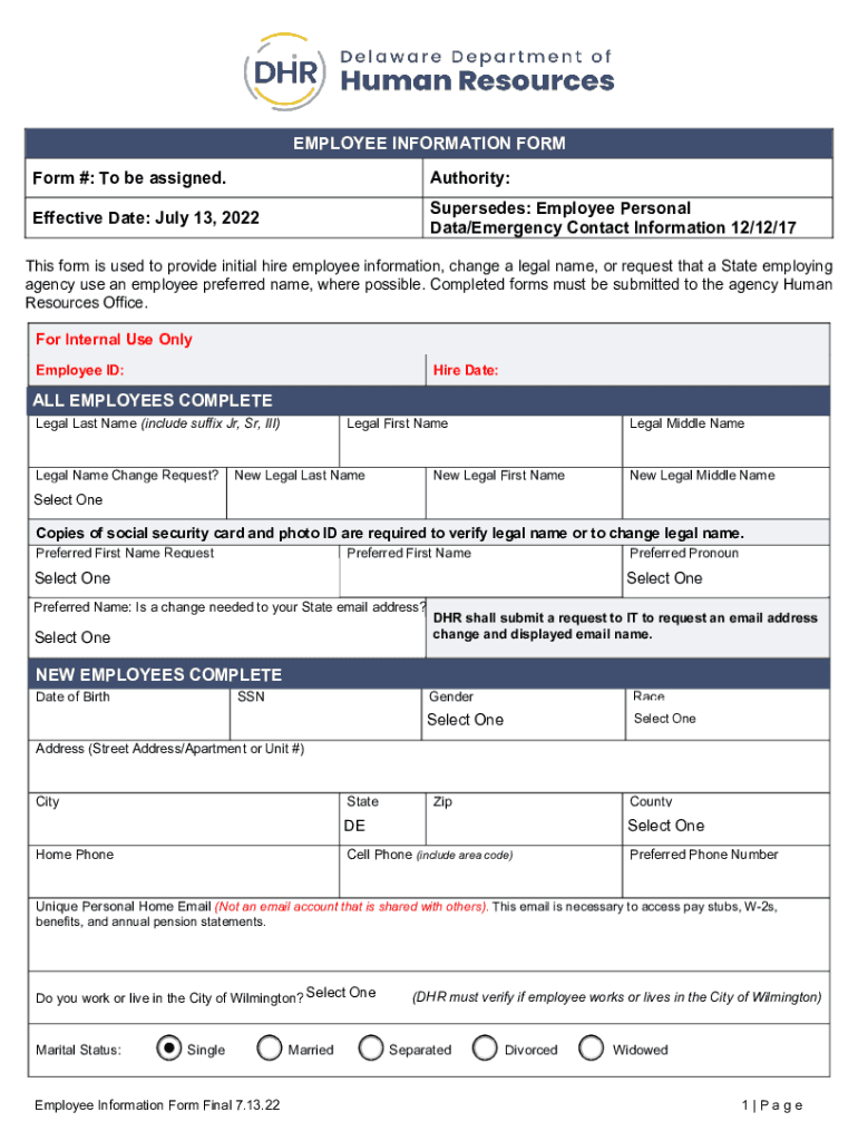 Fillable Online PDF Employee Information Form - State of Delaware DHR ...