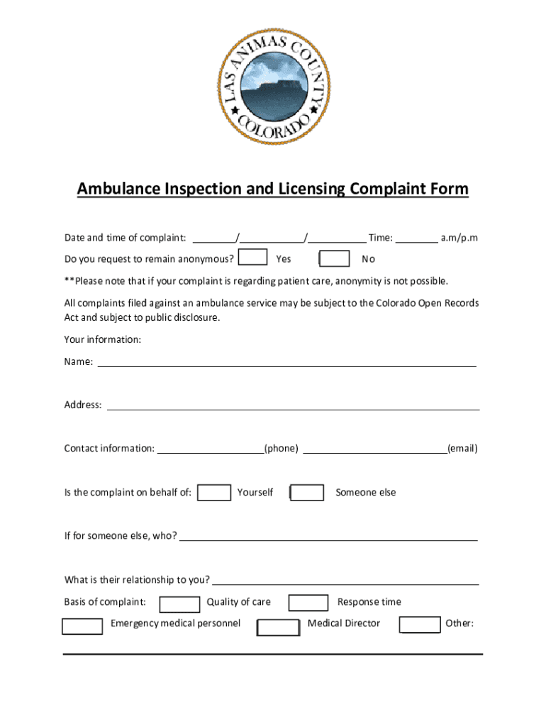 Fillable Online Ambulance Inspection and Licensing Complaint FormLas ...