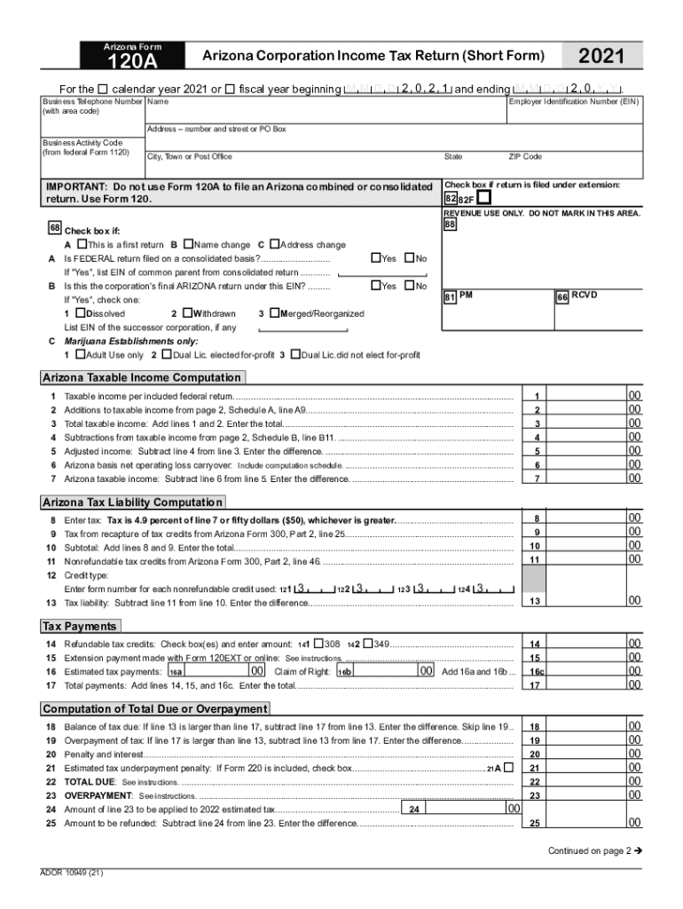 Fillable Online www.taxformfinder.orgarizonaform-120aArizona Form 120A ...