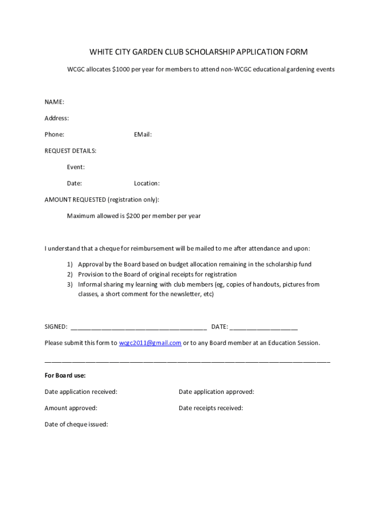 Fillable Online WHITE CITY GARDEN CLUB SCHOLARSHIP APPLICATION FORM Fax ...