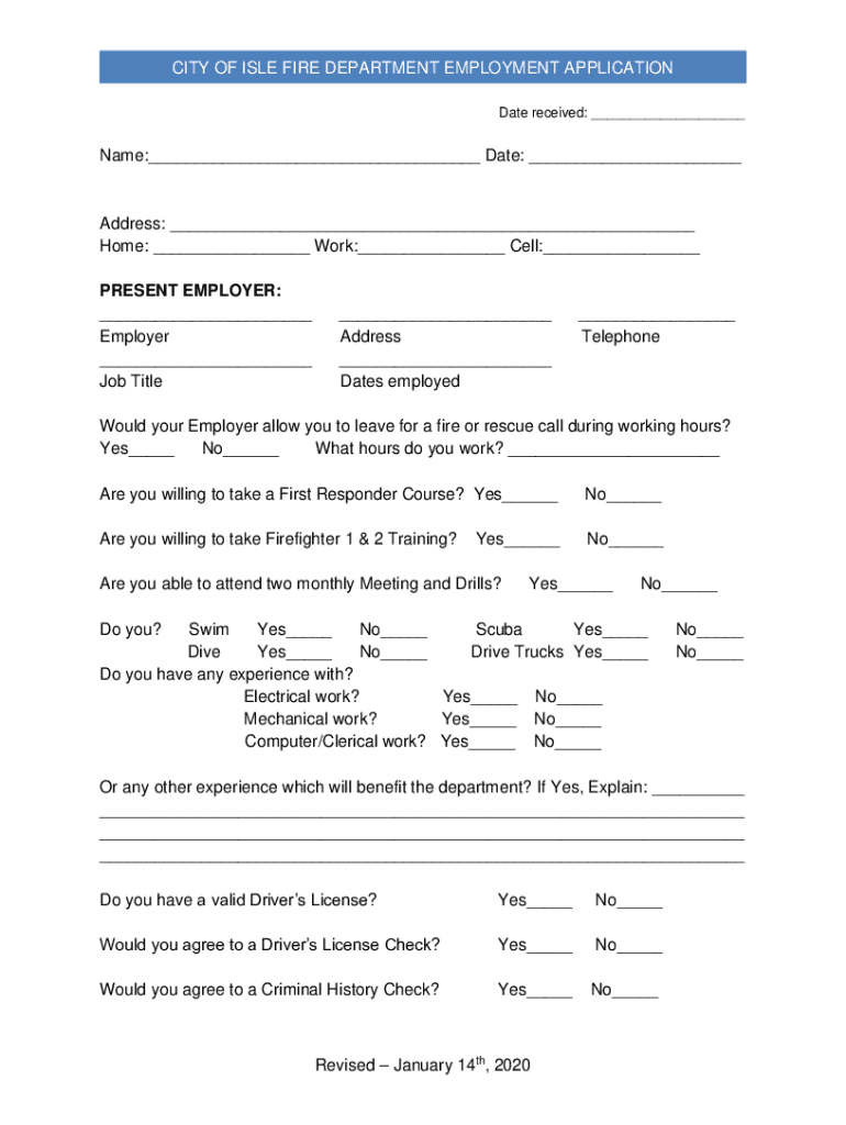 Fillable Online City of Isle Fire Department Employment Application Fax ...
