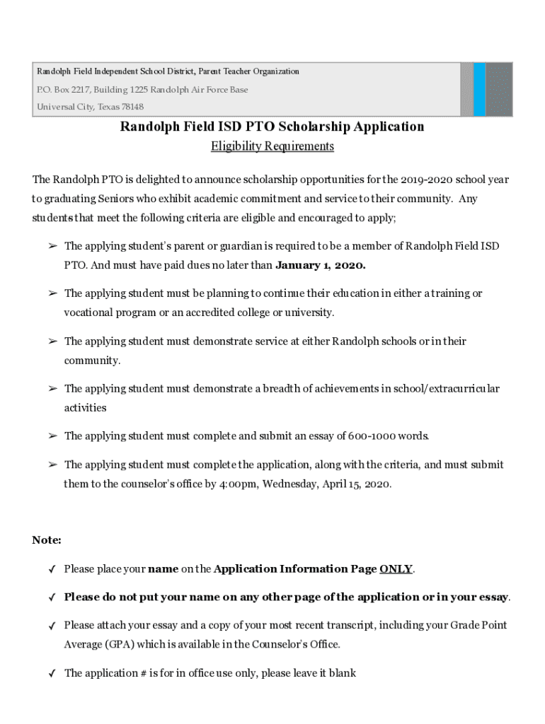 Fillable Online Randolph Field PTO Scholarship Application copy Fax ...