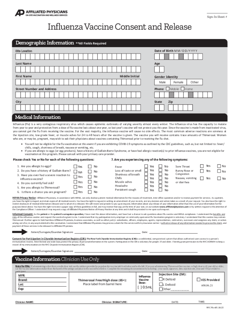 Fillable Online Influenza Vaccine Consent and Release Fax Email Print ...