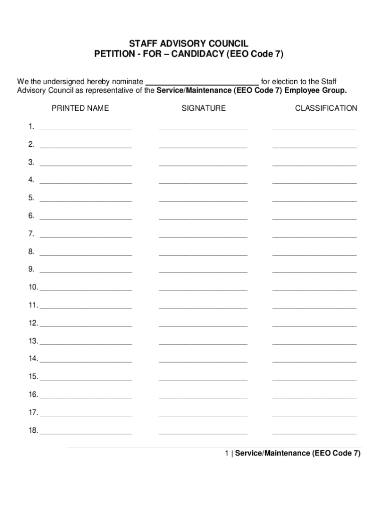 Fillable Online humanresources illinois STAFF ADVISORY COUNCIL PETITION - FOR CANDIDACY (EEO ...