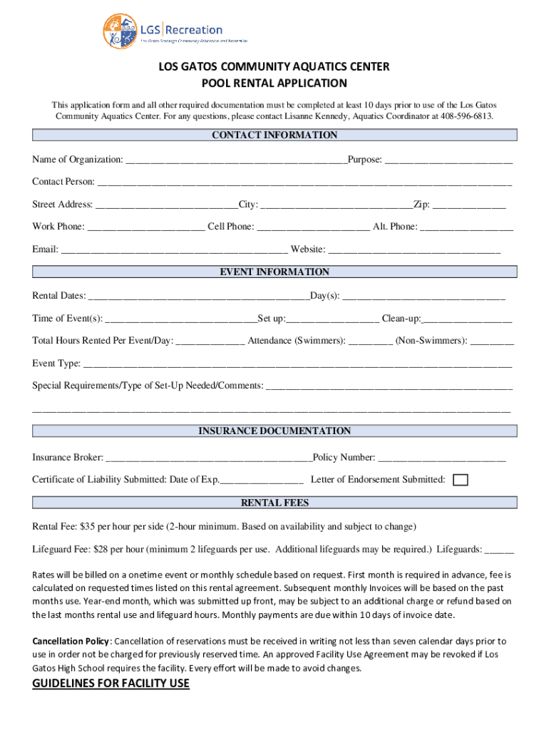 Fillable Online www.lgsrecreation.orgwp-contentuploadsLOS GATOS COMMUNITY AQUATICS CENTER POOL ...