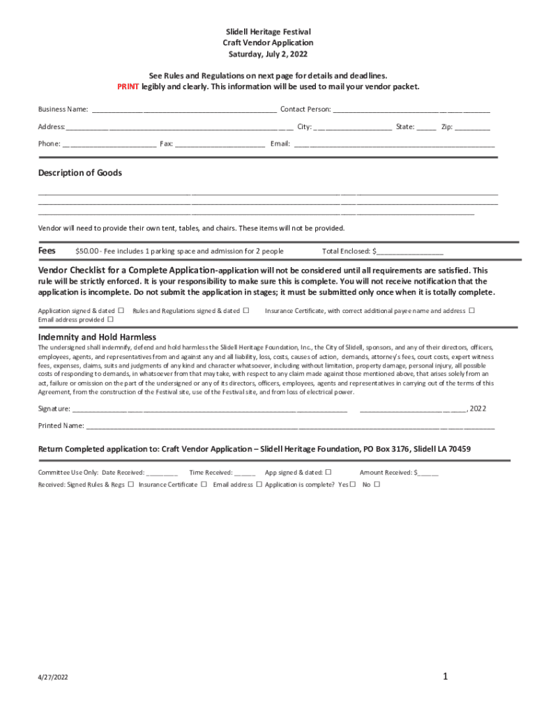 LA Slidell Heritage Festival Craft Vendor Application 2022 - Fill and ...