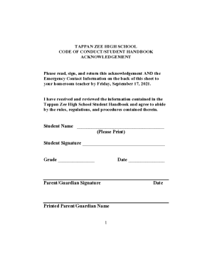 Fillable Online TAPPAN ZEE HIGH SCHOOL CODE OF CONDUCT/STUDENT HANDBOOK ...