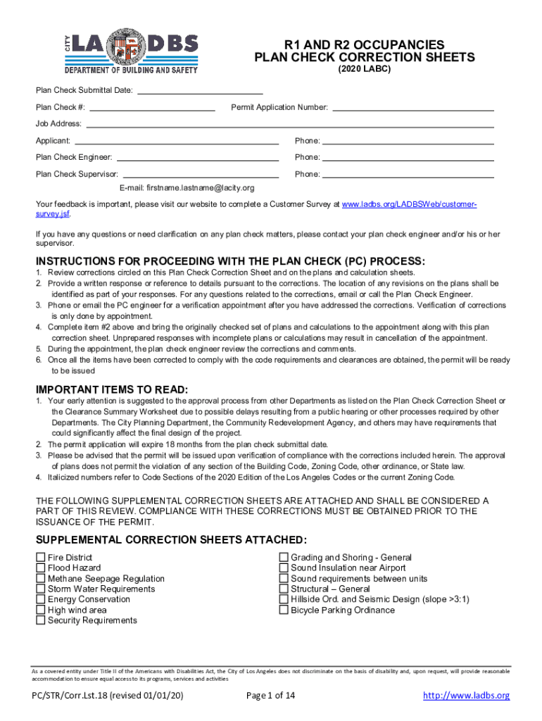 Fillable Online R1 AND R2 OCCUPANCIES PLAN CHECK CORRECTION SHEETS ...