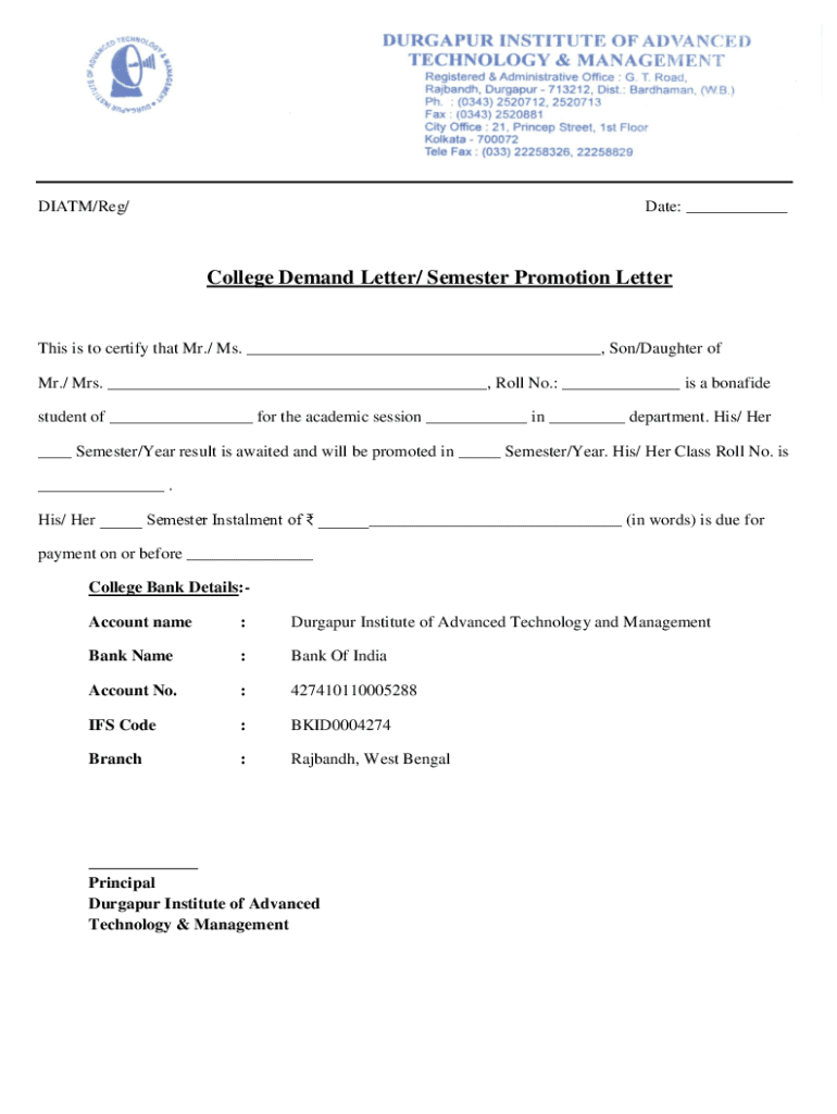 Fillable Online College Demand Letter/ Semester Promotion Letter Fax Email Print - pdfFiller