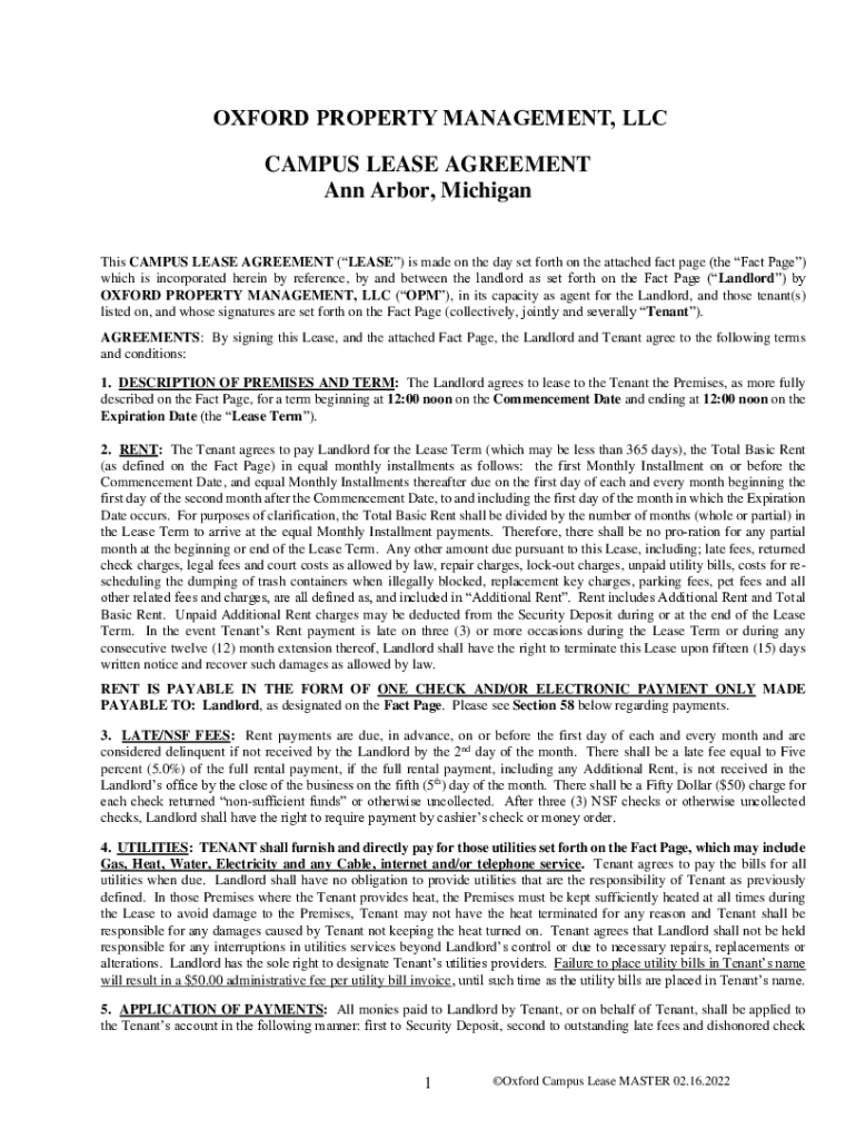 Fillable Online OXFORD PROPERTY MANAGEMENT, LLC CAMPUS LEASE AGREEMENT ...