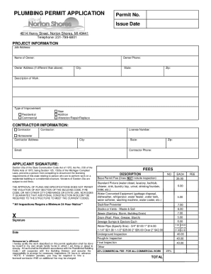 Fillable Online PLUMBING PERMIT APPLICATION Permit No. - Norton Shores ...