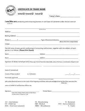 Fillable Online CERTIFICATE OF TRADE NAME - Colchester, Connecticut Fax ...
