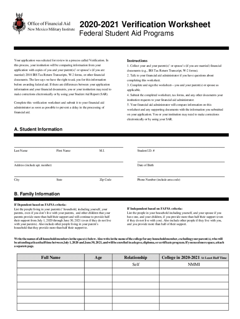 Fillable Online Office of Financial Aid 2020-2021 Verification Worksheet Fax Email Print - pdfFiller