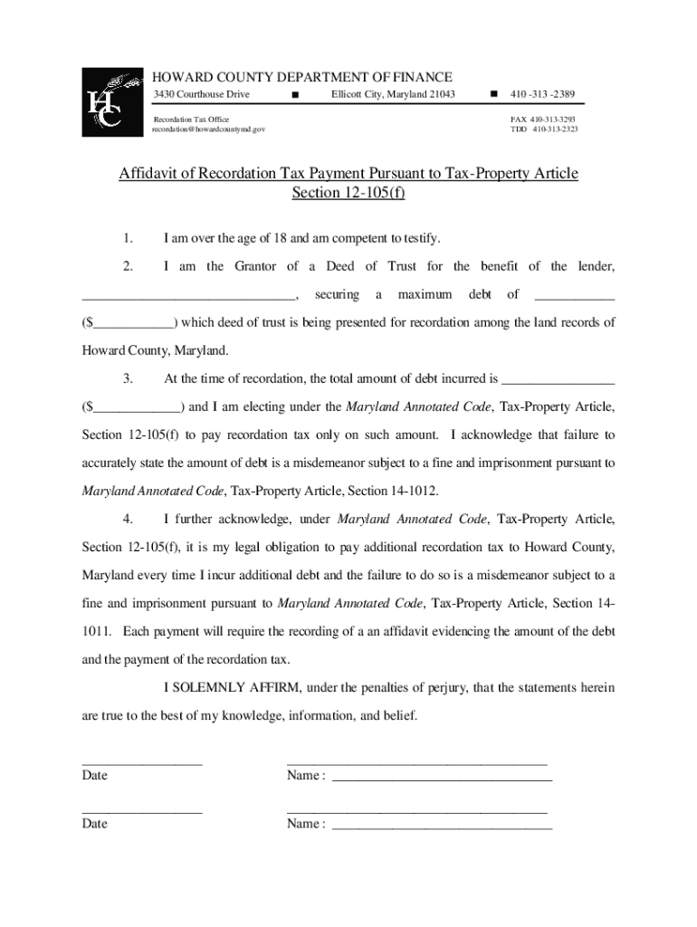 Fillable Online Affidavit of Recordation Tax Payment Pursuant to Tax ...