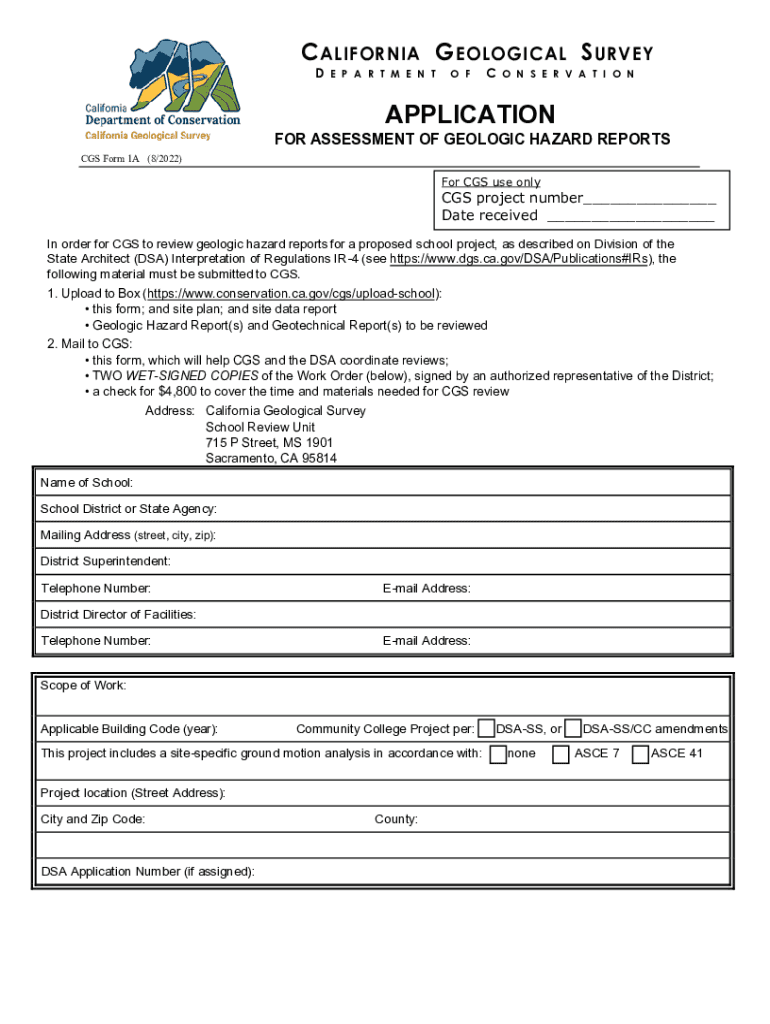 Fillable Online California Geological Survey Application and Work Order ...