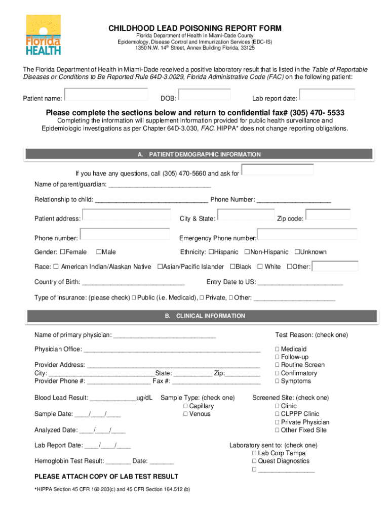 Fillable Online CHILDHOOD LEAD POISONING REPORT FORM Please complete ...