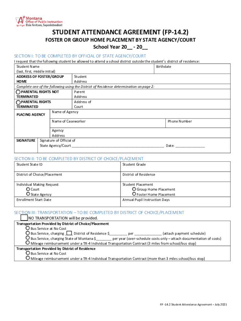 Fillable Online opi mt FP 14 Student Attendance Agreement - Montana ...