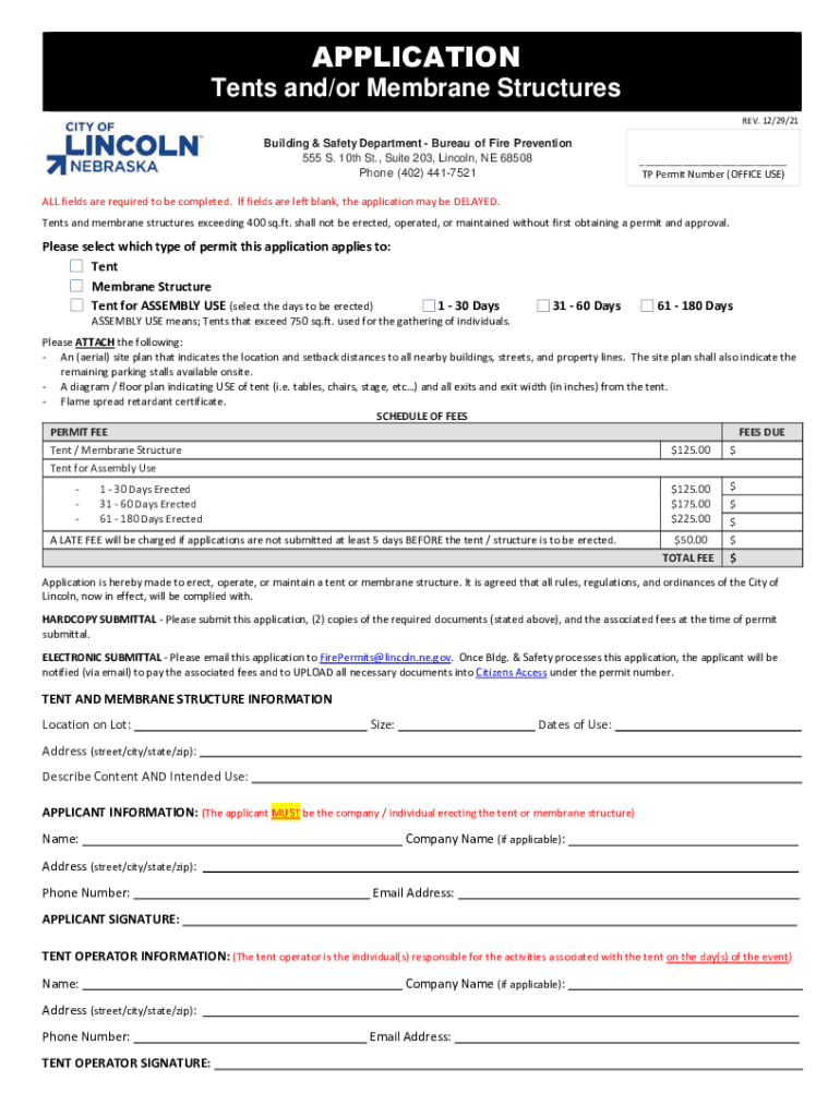 Fillable Online APPLICATION Tents and/or Membrane Structures - Lincoln, Nebraska Fax Email Print ...