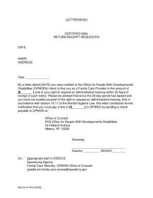 Fillable Online opwdd ny LETTERHEAD CERTIFIED MAIL RETURN RECEIPT ...