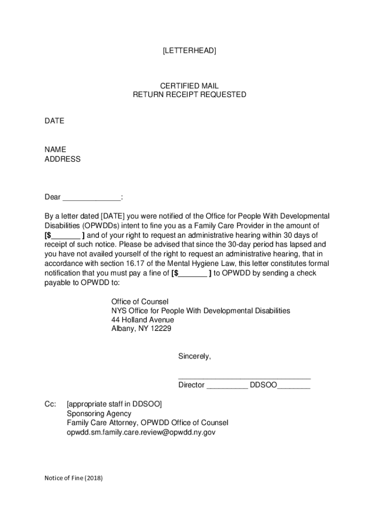Fillable Online opwdd ny LETTERHEAD CERTIFIED MAIL RETURN RECEIPT ...