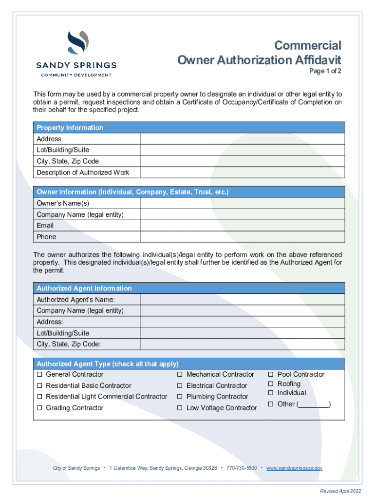 Fillable Online Commercial Owner Authorization Affidavit - Sandy ...