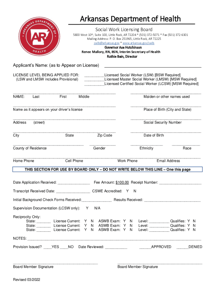 Fillable Online Arkansas Social Work Licensing Board Arkansas ...