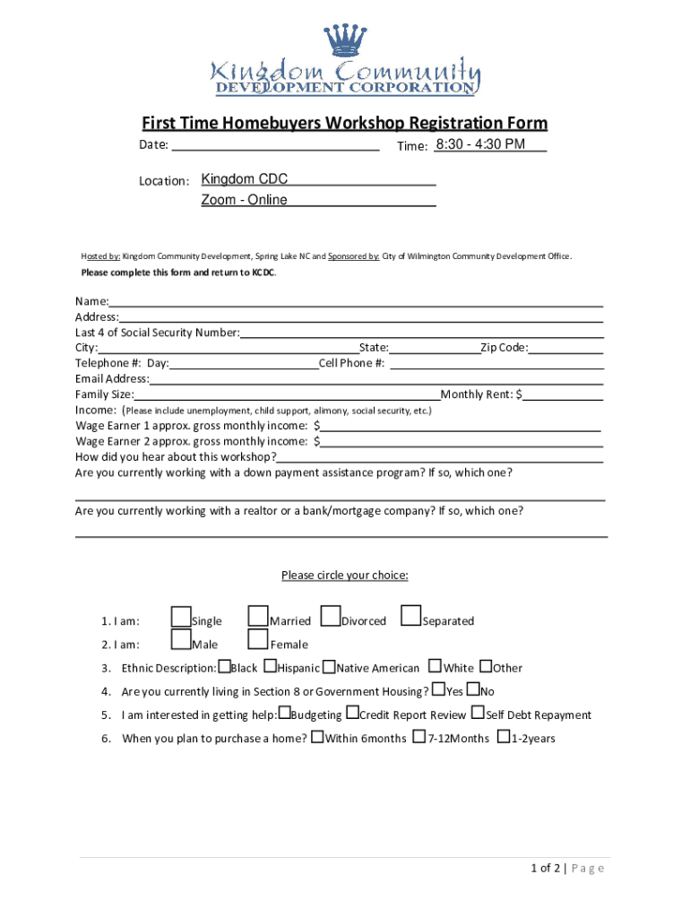 Fillable Online PDF First Time Homebuyers Workshop Registration Form Fax Email Print - pdfFiller