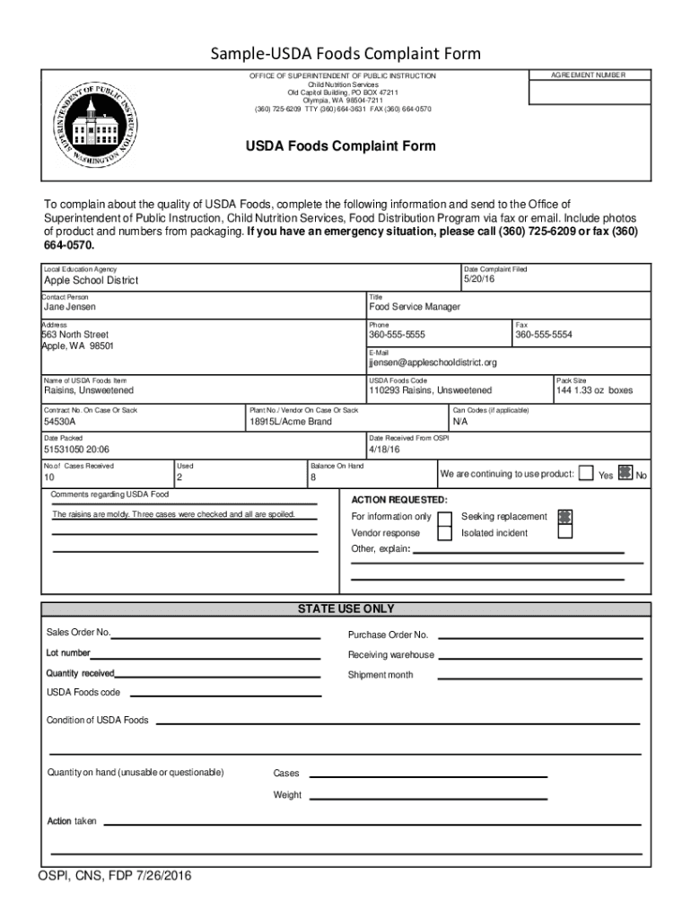 Fillable Online Sample-USDA Foods Complaint Form. Complaint Form Sample ...