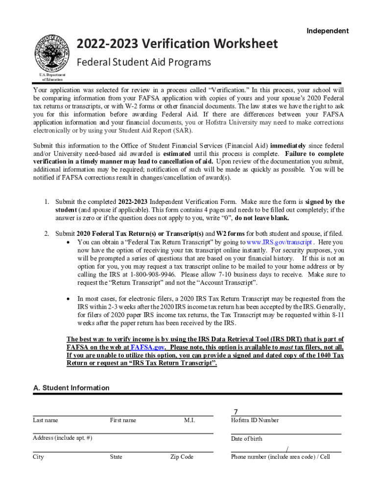 Fillable Online 2022-2023 Independent Verification Worksheet Federal Student Aid Programs Fax ...