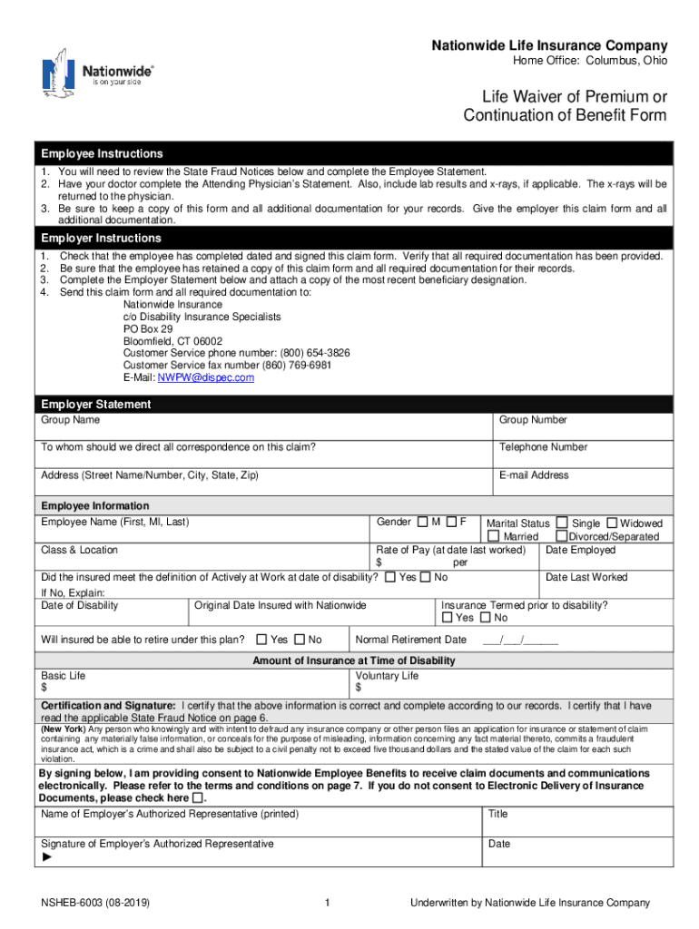 Fillable Online Life Waiver of Premium or Continuation of Benefit Form ...