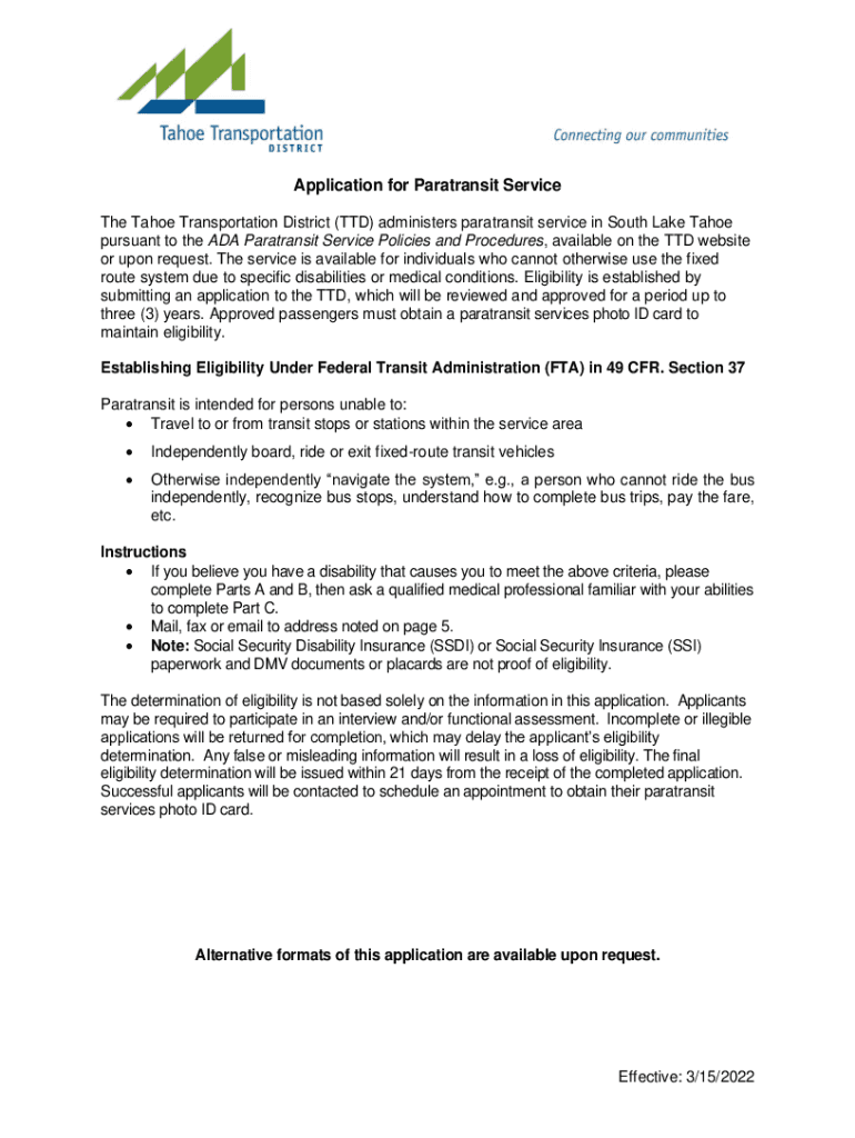 Fillable Online Paratransit CertificationRegional Transportation ...