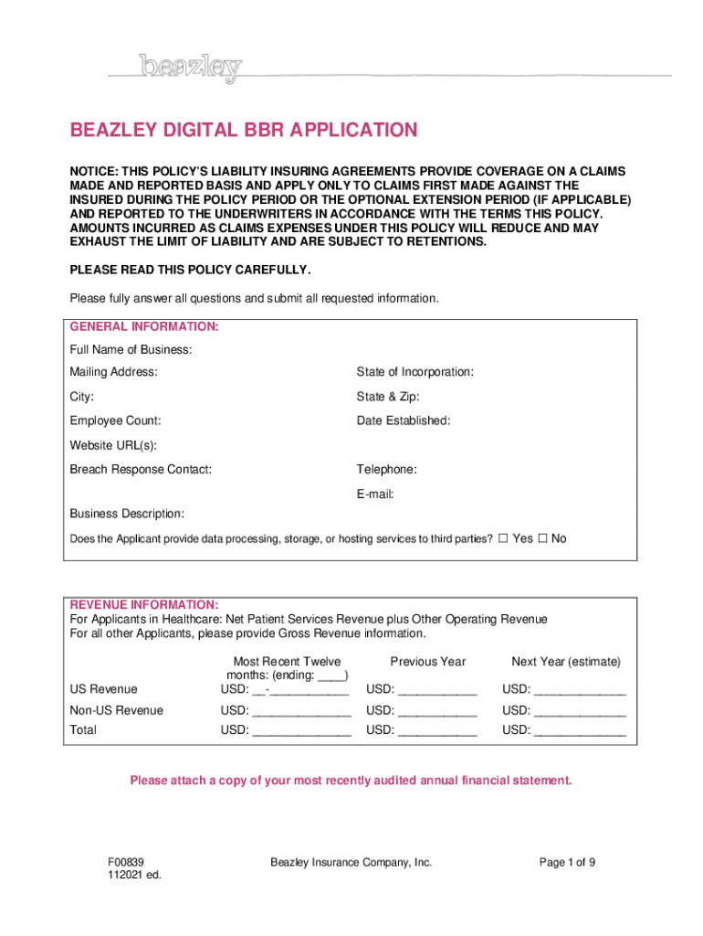 Fillable Online www.beazley.comdocumentsTMBBEAZLEY BREACH RESPONSE ...