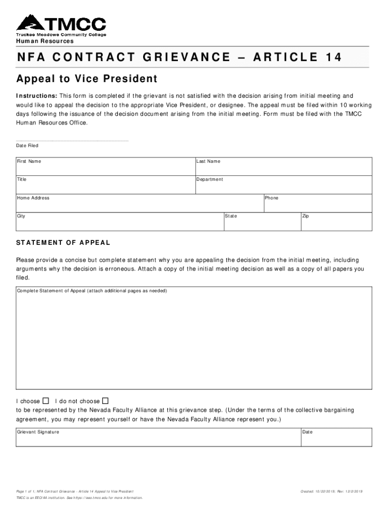 Fillable Online NFA Contract Grievance - Article 14 Appeal to Vice ...