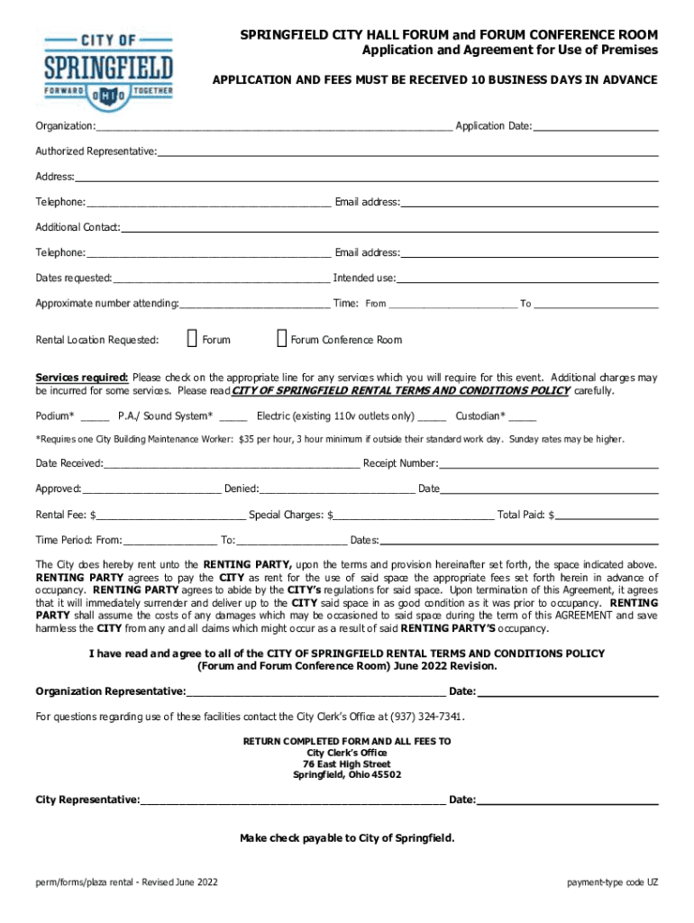 Fillable Online Springfield City Hall/Plaza/Esplanade Application and ...