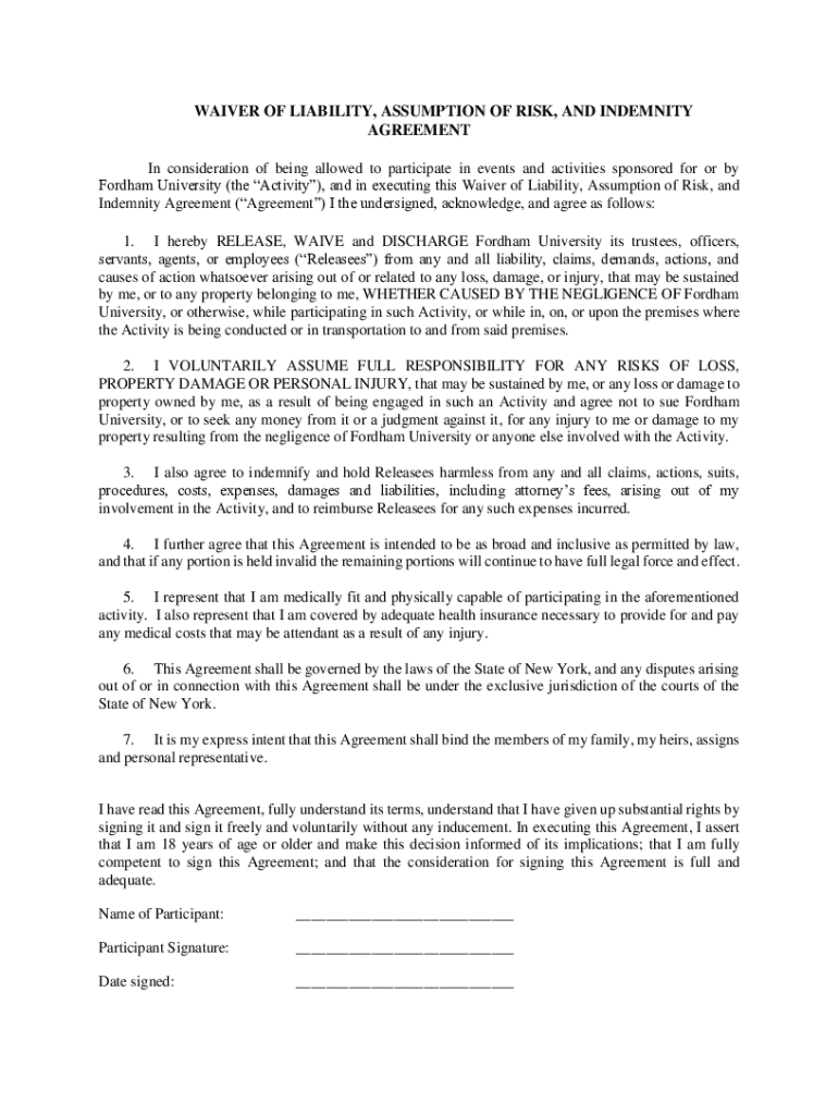 Fillable Online Waiver of Liability, Assumption of Risk and ...