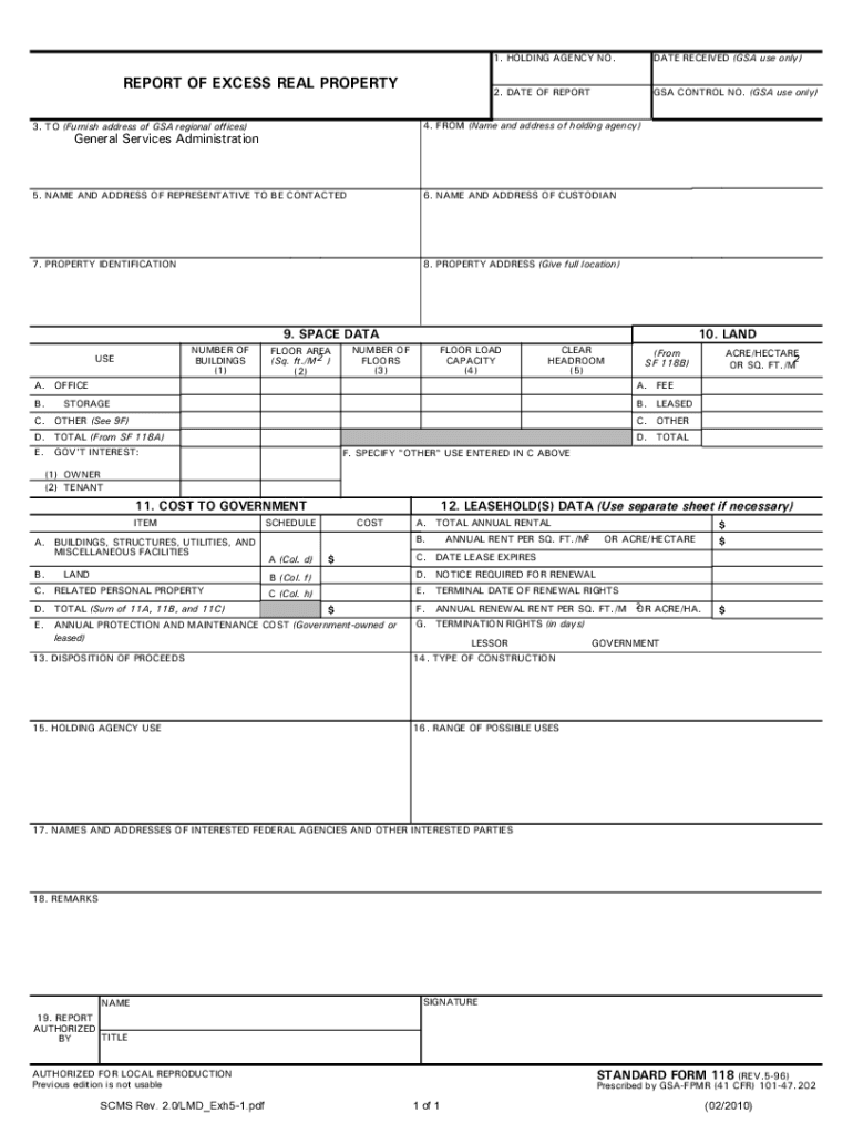Fillable Online Standard Form (SF) 118, Report of Excess Real Property ...