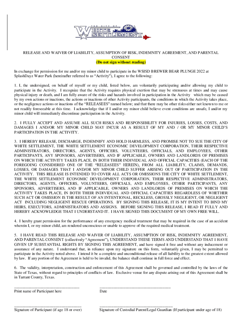 Fillable Online RELEASE AND WAIVER OF LIABILITY PARENTAL CONSENT & INDEMNITY AGREEMENT ... Fax ...