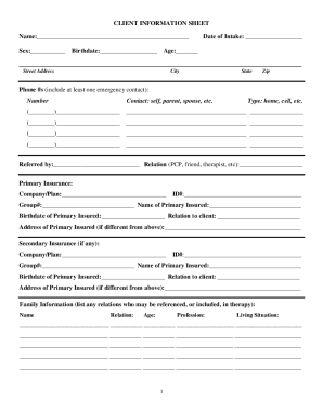 Fillable Online CLIENT INFORMATION SHEET Name: Date of Intake: Fax ...