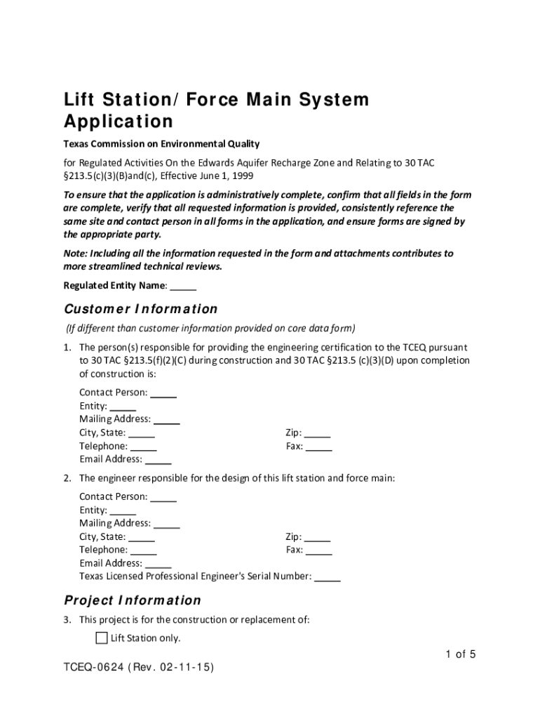 Fillable Online Lift Station/Force Main System Application Texas ...