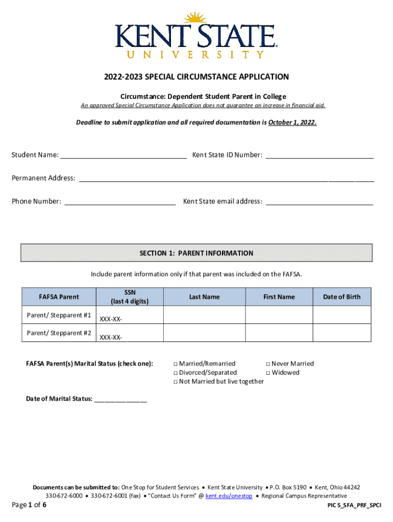 Fillable Online 2022-2023 Special Circumstance Application Dependent Student Parent in College ...