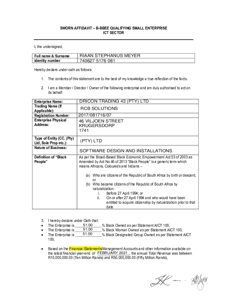 Fillable Online SWORN AFFIDAVIT B-BBEE QUALIFYING SMALL ENTERPRISE ...